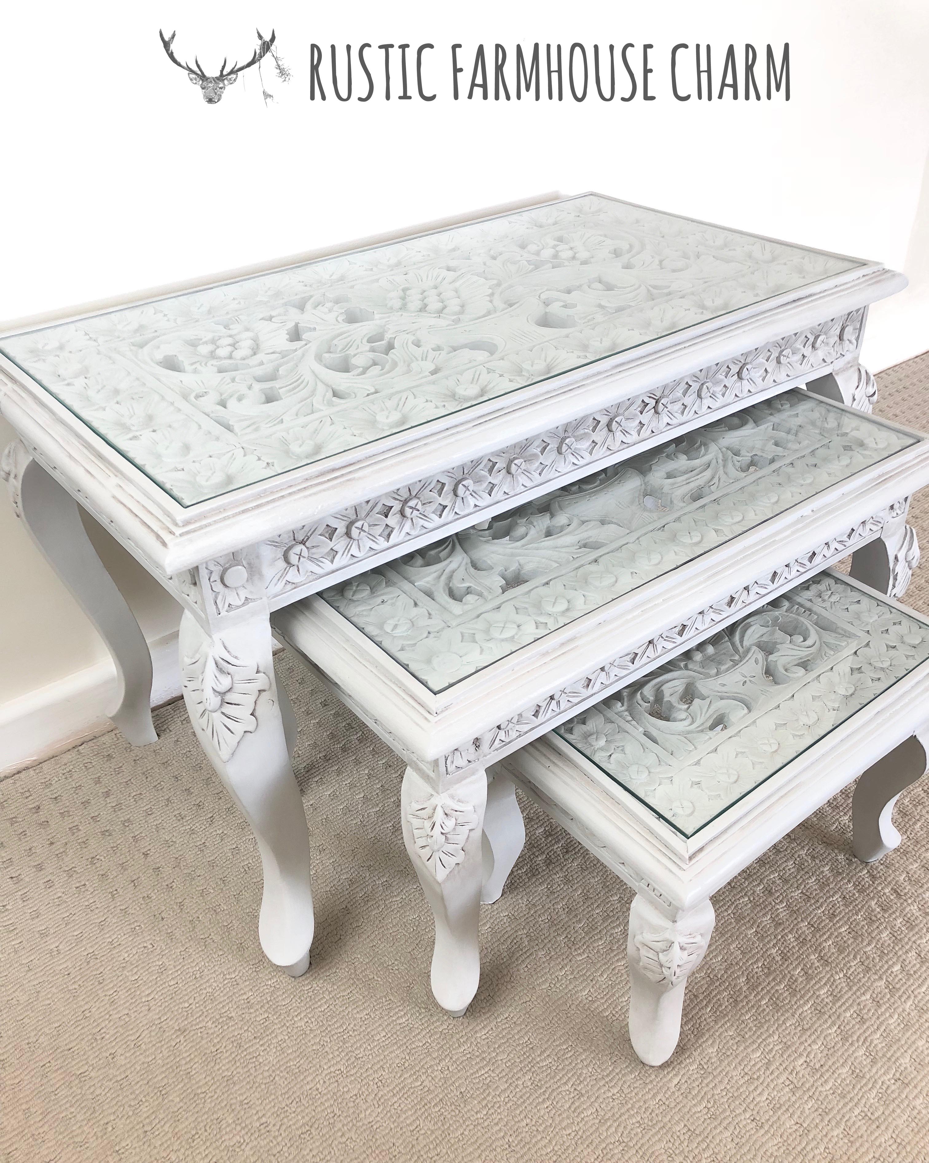 Floral Carved Set of 3 Nesting Tables – Rustic Farmhouse Charm